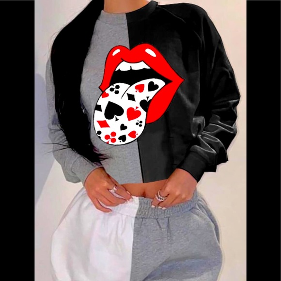 Mohair Pear Boutique | Tops | Lip Patchwork Card Themes On Tongue Crop Long Sleeve Shirt | Poshmark